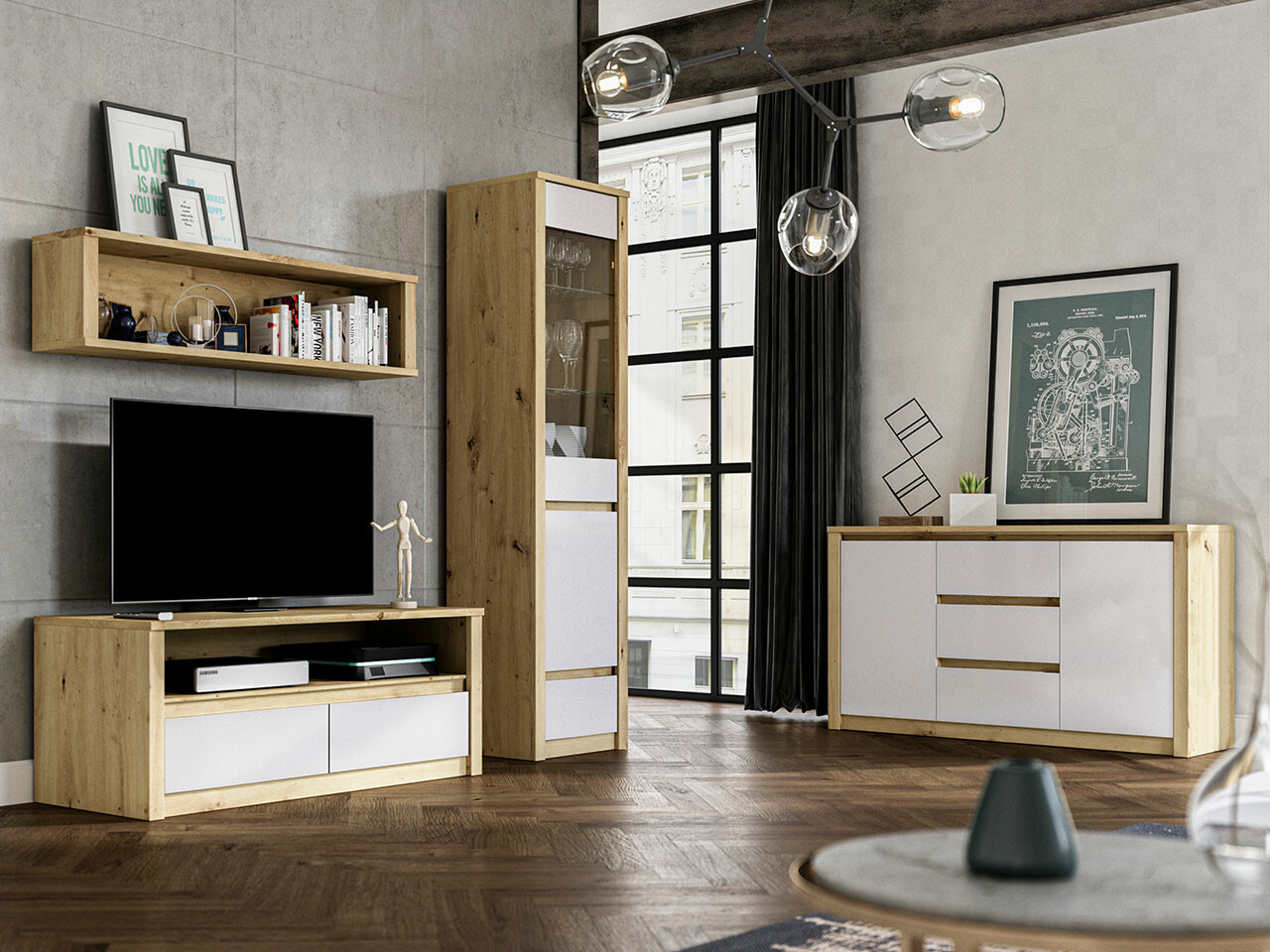 Conjunto para sala de estar Parma C109 (Carvalho Artisan + Branco ...