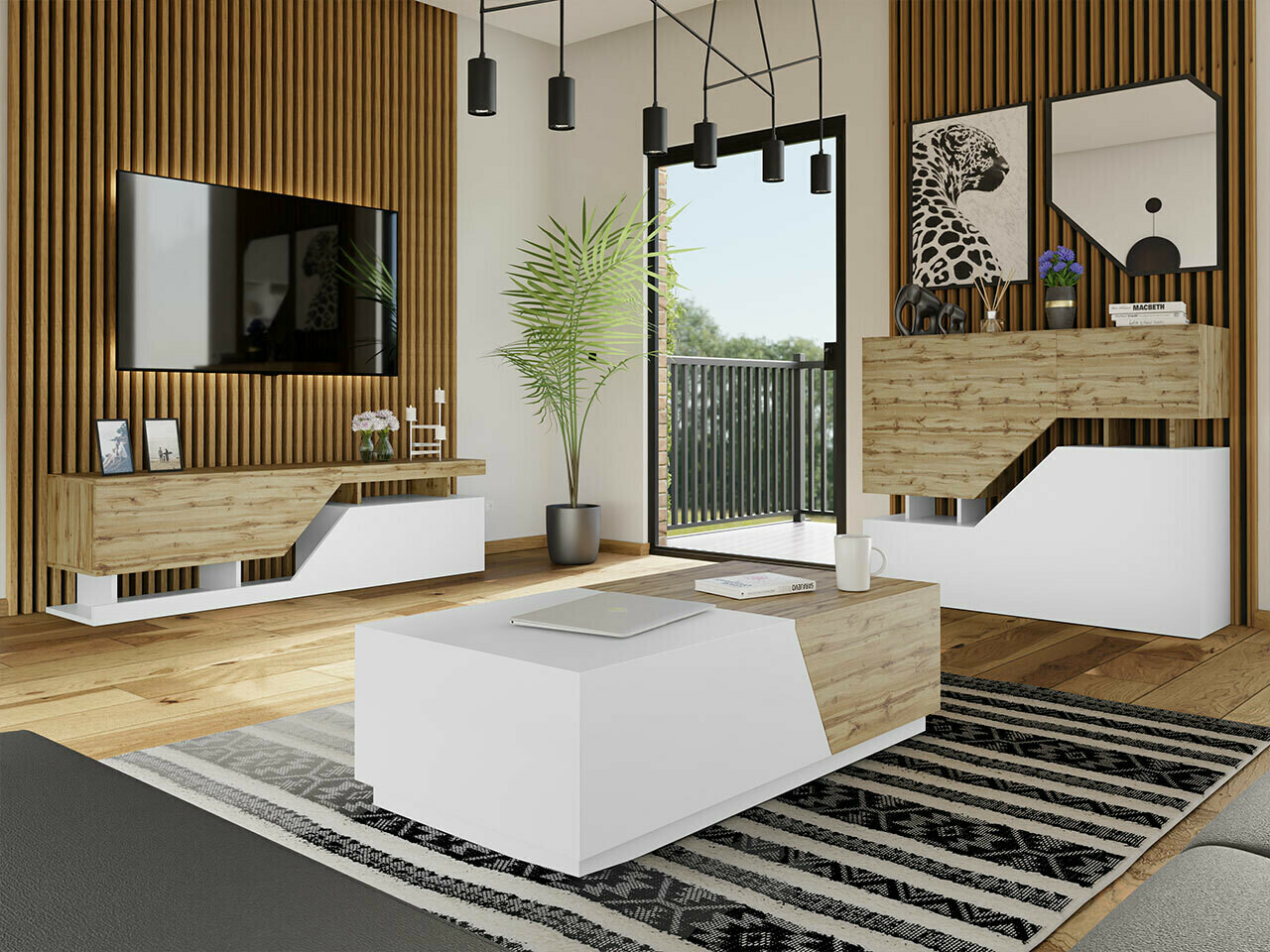 Conjunto para sala de estar Comfivo AC103 (Wotan carvalho + Branco ...