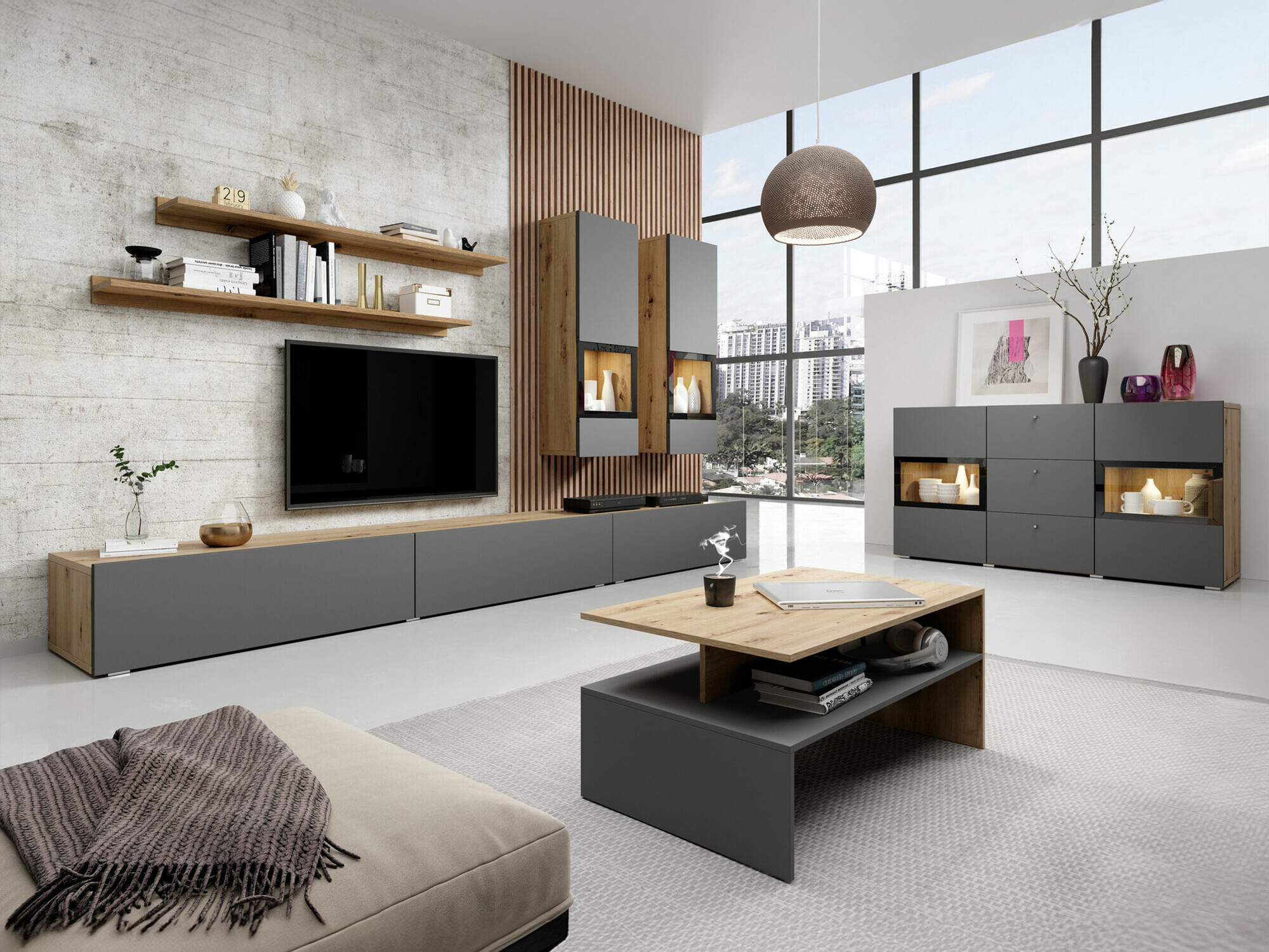 Conjunto para sala de estar Austin AS103 (Carvalho Artisan + Cinza ...